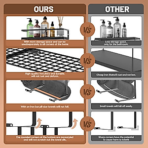 CENLEN Towel Racks for Bathroom Wall Mounted with 4 Hooks, Bathroom Towel Holder with Floating Shelves, Rolled Towel Shelf Organizer for Small Bathroom, Sturdy Metal & Wood, Black