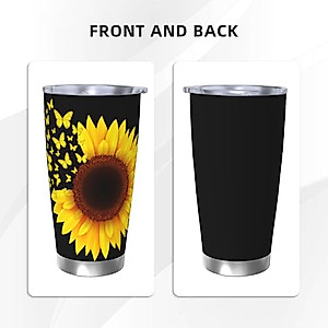 AYCZN Yellow Floral Butterfly 20 OZ Tumbler Stainless Steel Travel Coffee Mug, Sunflower Insulated Water Bottle with Lid and Straws Leakproof Thermal Cup