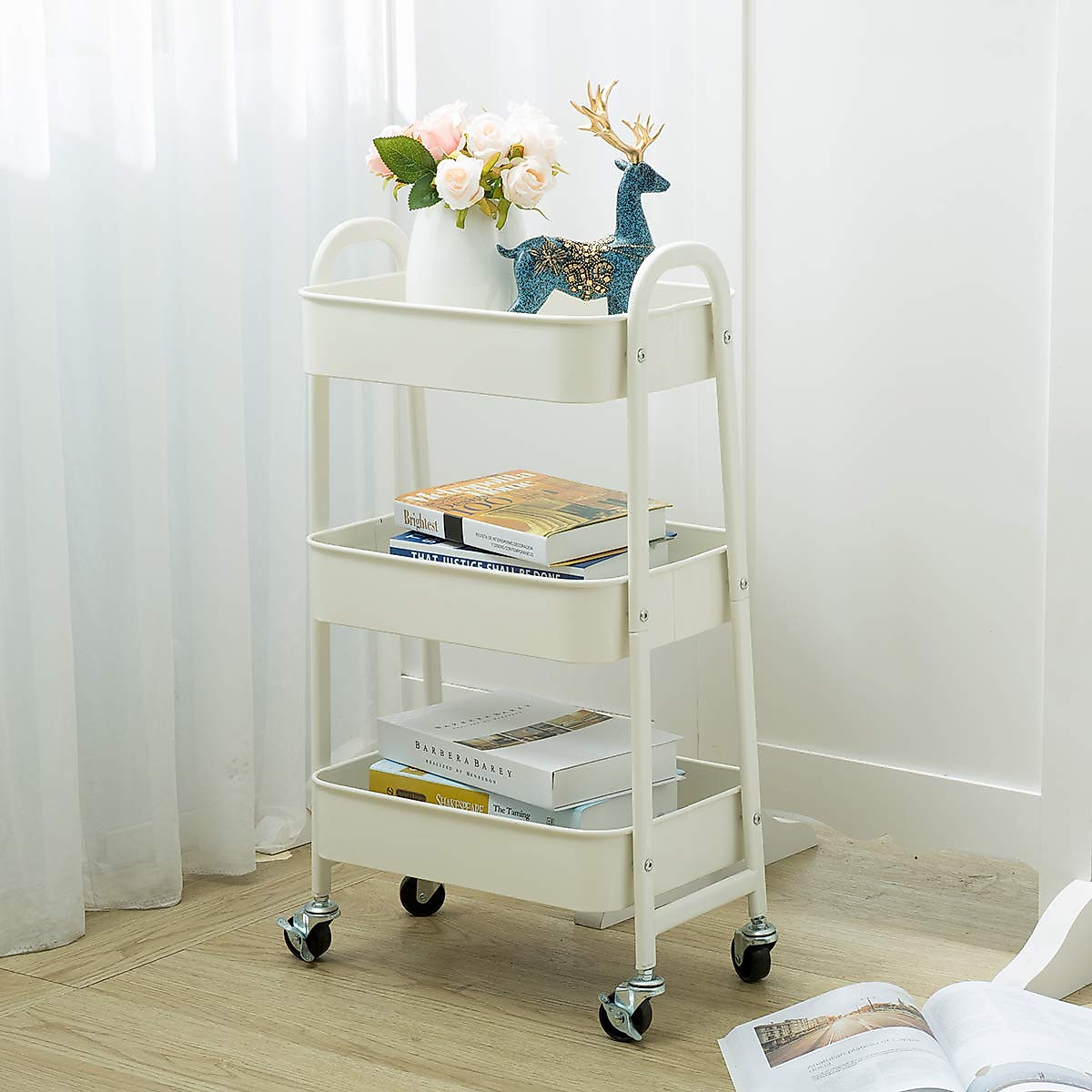 AGTEK Makeup Cart, Movable Rolling Organizer Cart, White 3 Tier Metal Utility Cart