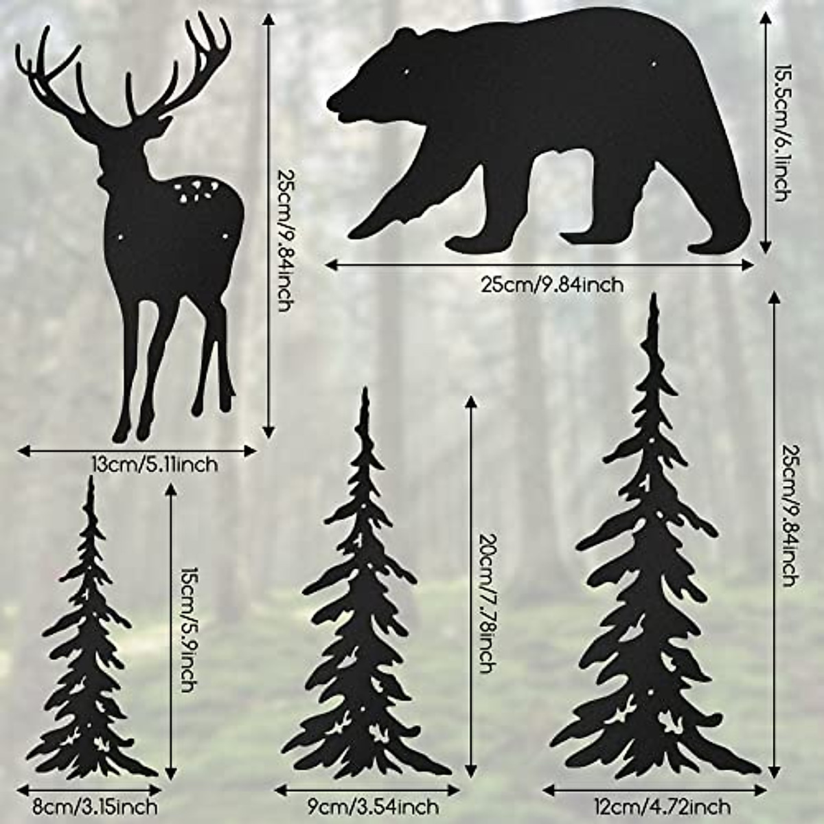 6 Pieces Metal Wall Art Deer Bear Pine Tree Wall Decor Hanging Forest Decor Rustic Cut Metal Art Metal Wall Decor for Home Bedroom Office Outdoor Decorations (Black)