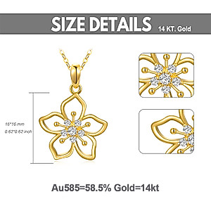 Rikelus 14k Real Gold Cherry Blossom Necklace for Women,Yellow Gold flower Pendant Necklace with moissanite Gifts for Birthday Christmas 16+2 inch