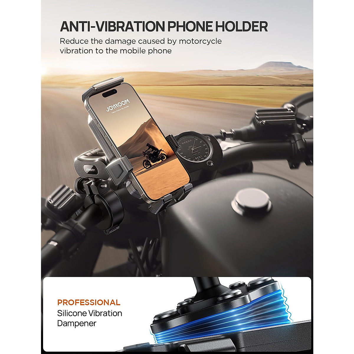 JOYROOM Aluminum Alloy Motorcycle Phone Mount with Vibration Dampener, Motorcycle Phone Holder for Motorcycle Harley Bike Bicycle Scooter ATV/UTV, Compatible with iPhone, Samsung, All Cell Phones