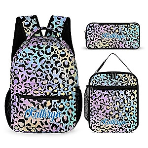 Sanley Personalized Leopard Print Backpack Set with Name 3-in-1 Backpack Set with Lunch Bag Pencil Case Custom Cute Leopard Backpack Set Large Capacity Backpack,Style 11
