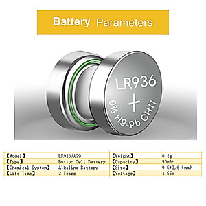 50pcs AG9 Button Watch Coin Cell 1.5V 394 SR936SW LR936 LR45 SR93 Alkaline AG9 Batteries for Watches, Laser Sight, Thermometer, Flashlight, Electronic Doorbell, LED Magnification Loupes