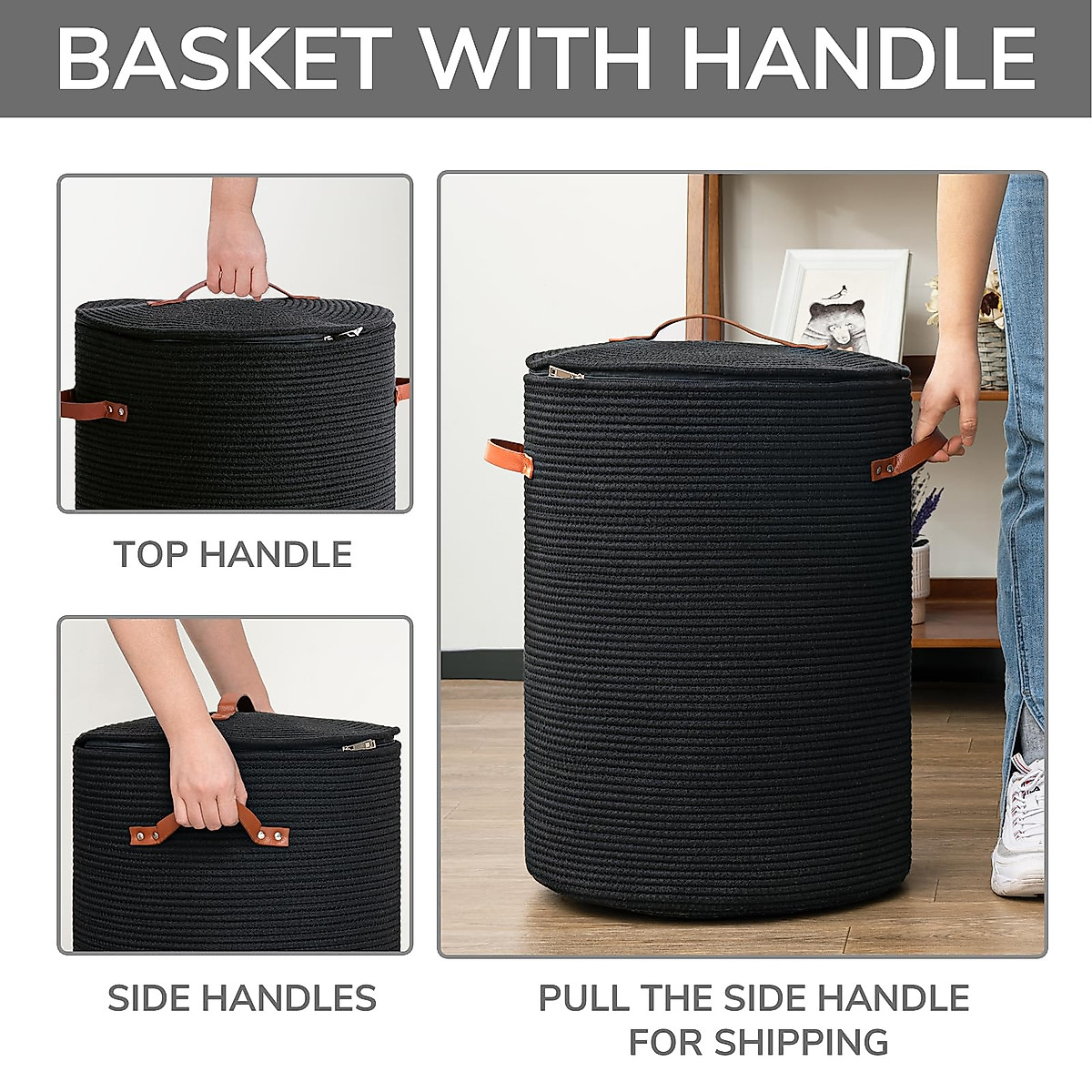 CHICVITA Tall Laundry Basket with Lid, Large Laundry Hamper for Bedroom, Laundry Bin for Clothes, Blankets, Toys, Decorative Woven Basket for Living Room, 15 x 20 inches, Black