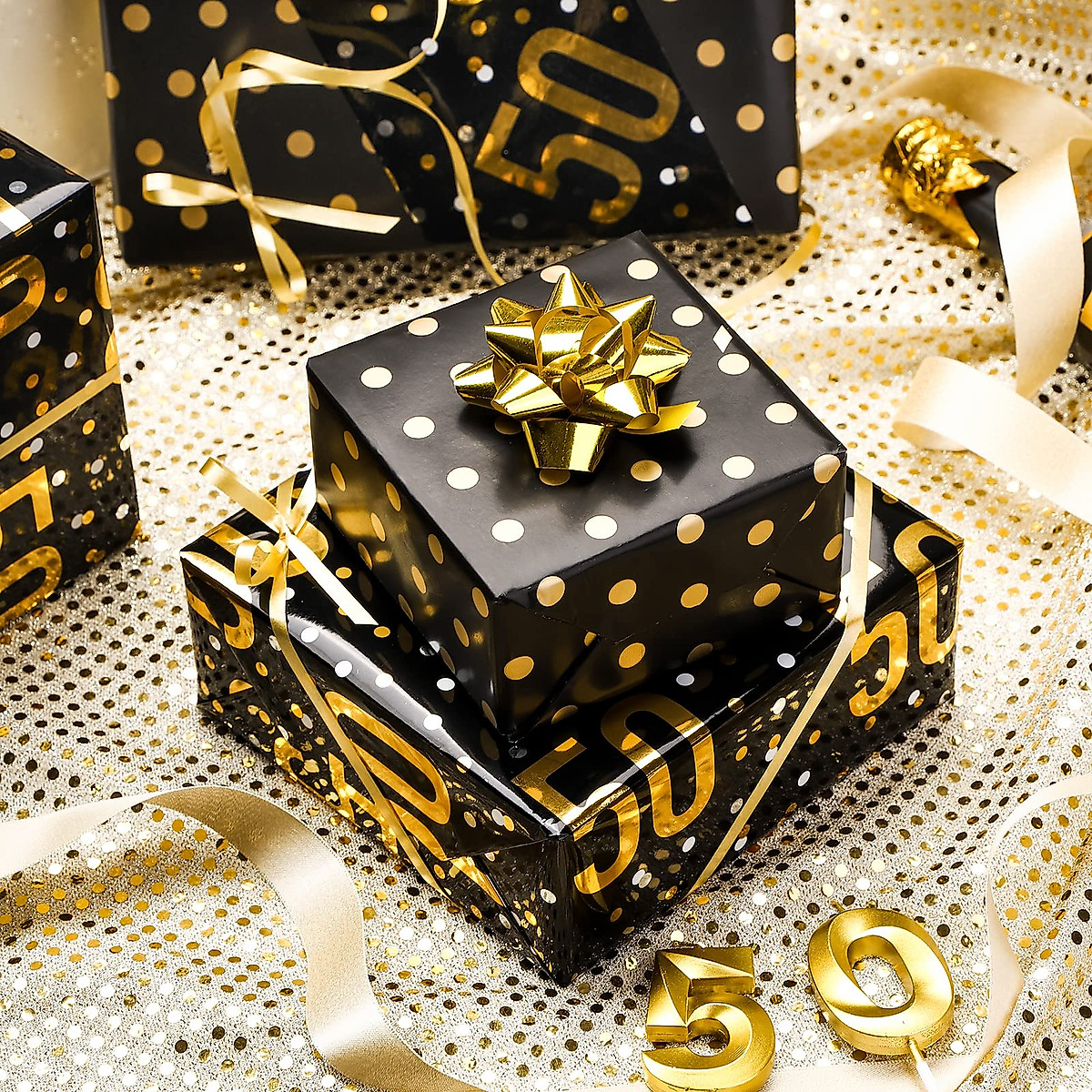 LeZakaa Reversible Wrapping Paper Roll - 50" Lettering Design with Metallic Foil in Black for Birthday, Wedding Anniversary - 17 inches x 32.8 Feet (46.45 sq.ft.)