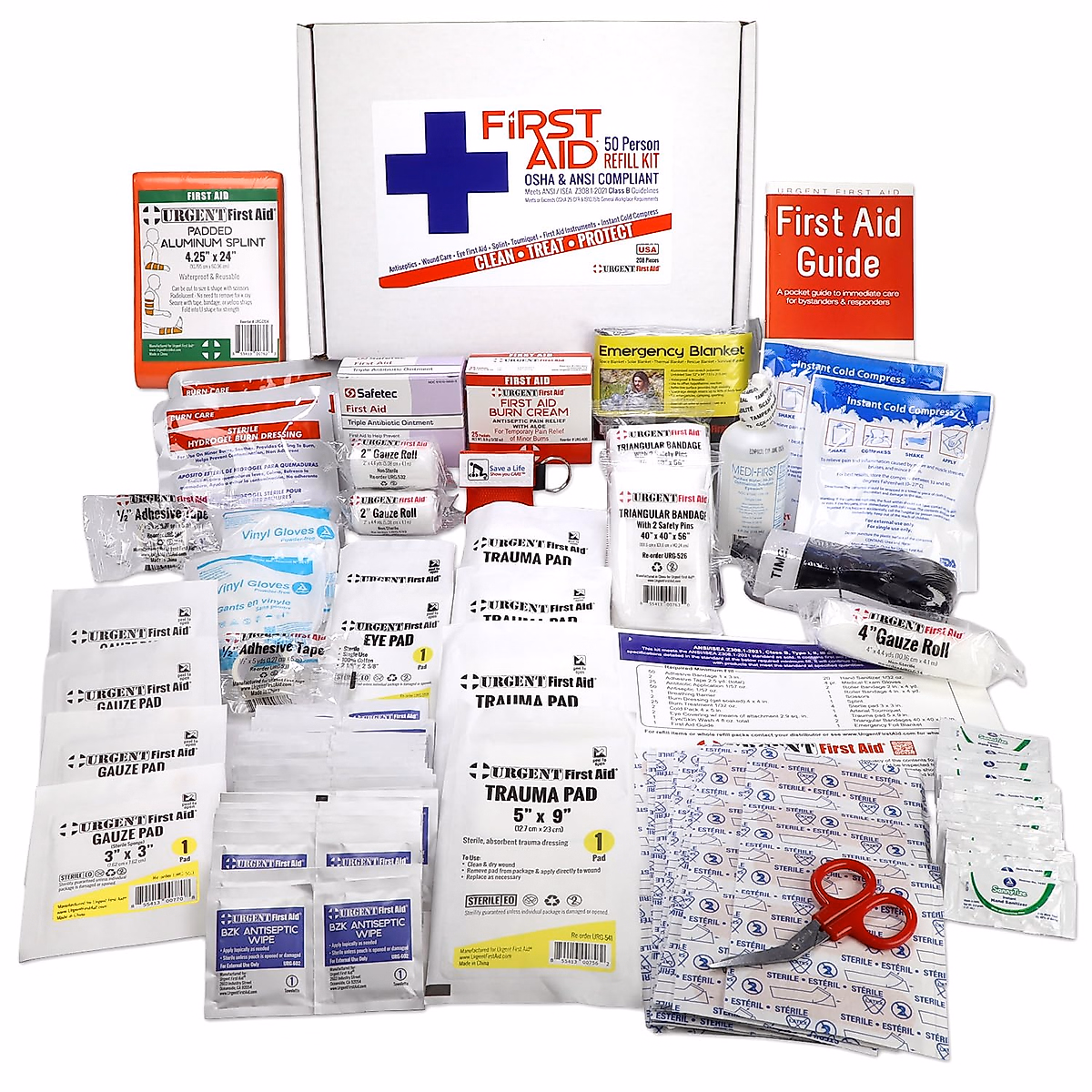 OSHA & ANSI First Aid Kit Refill/Upgrade, 50 Person, 208 Pieces, ANSI 2021 Class B - Includes Splint, Tourniquet, Tools, Single dose and More: Fill Your kit or use to Upgrade to Current regulations…