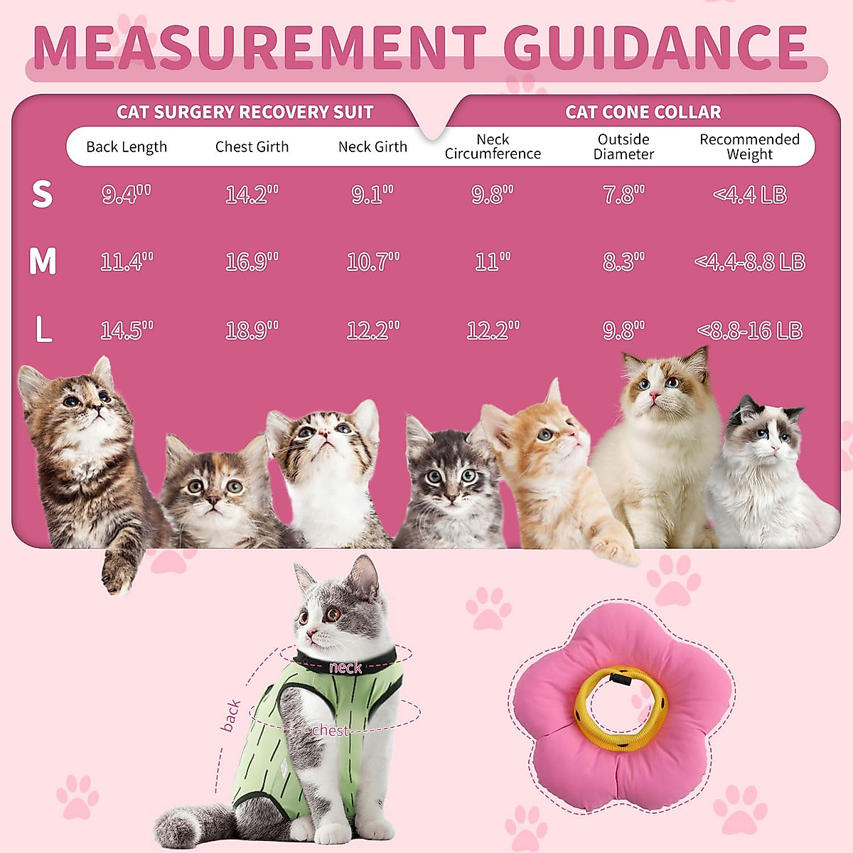EMUST 2PCS Cat Recovery Suit and Cat Cone Collar Female, Cute Cat Surgical Suit for Abdominal Wounds or Skin Diseases, Adjustable Flower Neck Cat Cone Collar Soft for Cats 4-8lb(Green, M)