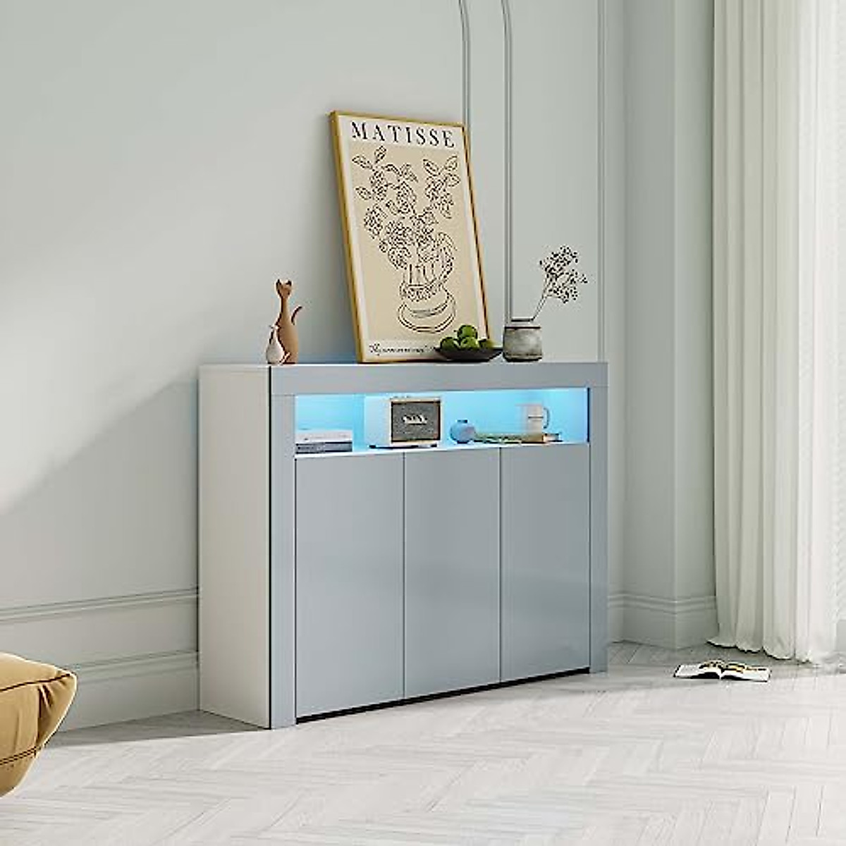 KNAMOTL Sideboard Storage Cabinet with LED Light, Modern Kitchen Unit Cupboard, Buffet Wooden Storage Display Cabinet, Wooden Storage Display Cabinet TV Stand with 3 Doors (Gray)