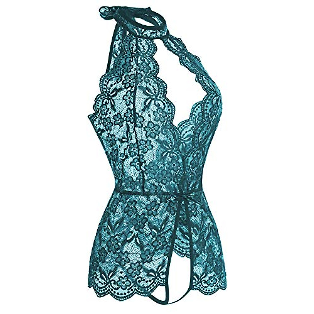 Women One Piece Lingerie Lace Baby Dolls Teddy Deep V neck Halter Bodysuit Chemise Sleepwear (Dark turquoise, XL)