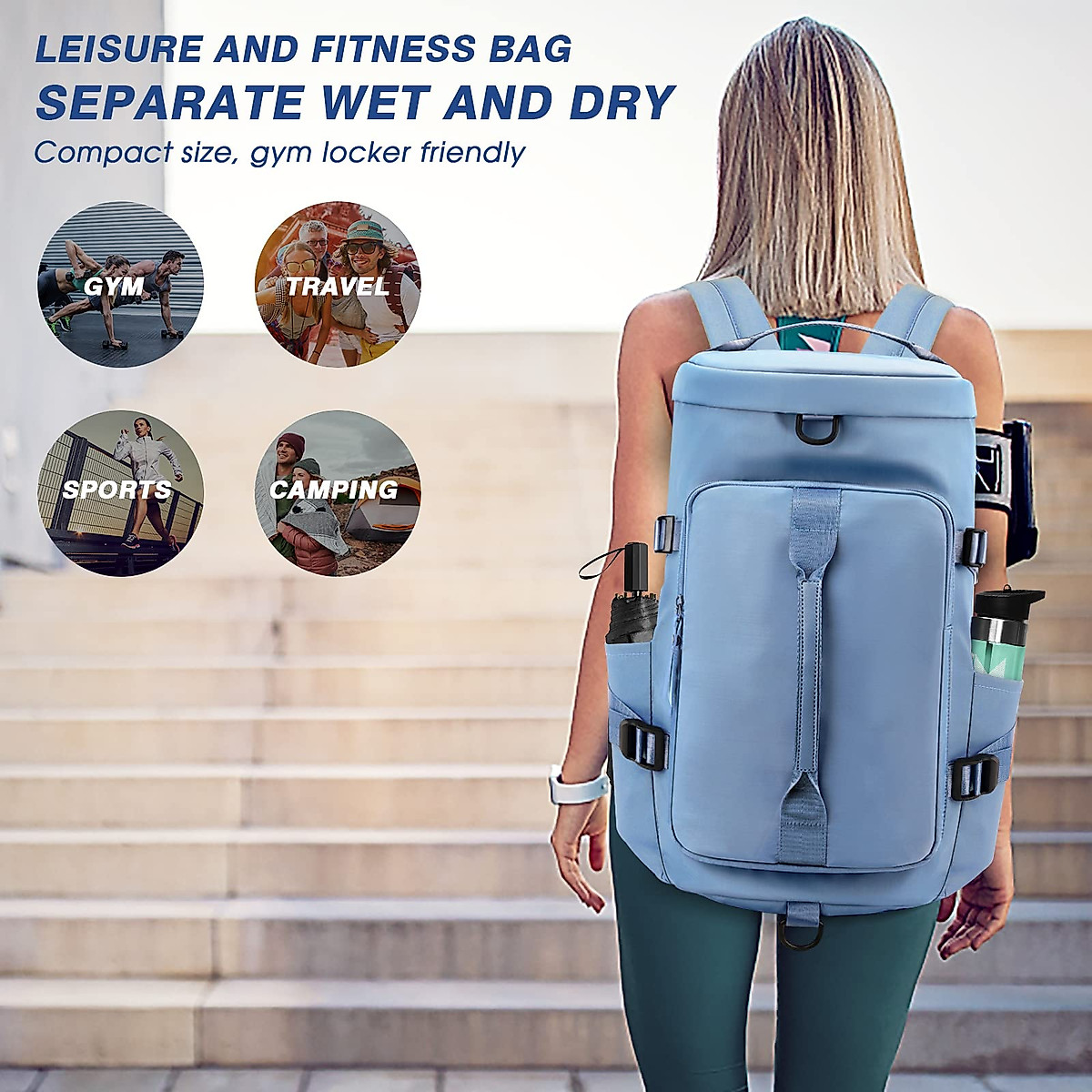 KETIEE Gym Bag for Women Men, Travel Backpack Carry On Backpack Weekender Overnight Bag Waterproof Hiking Rucksack Daypack Sports Duffle Bag with Shoes Compartment & Dry Wet Seperated (Blue) 42 L