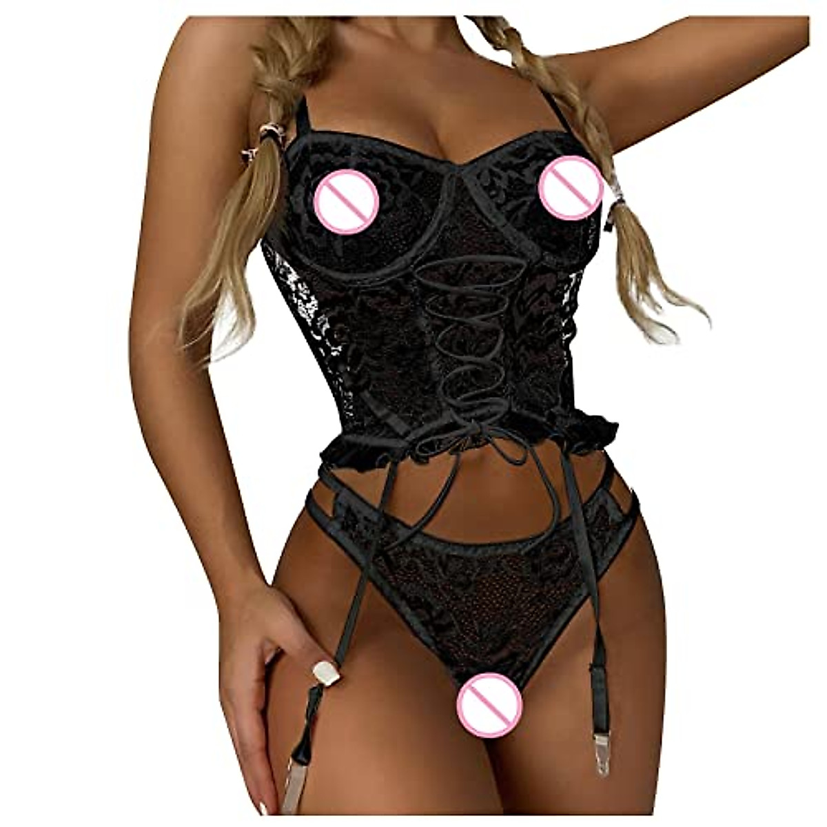 Black Lingerie for Women, Red Outfits Women Erotic Lingerie Lengerie Bodysuit Women's Sexy Solid Color Lace Hollow See-Through Underwear Two-Piece Suit Nightgown 2 Peice Outfit (3XL, Black)