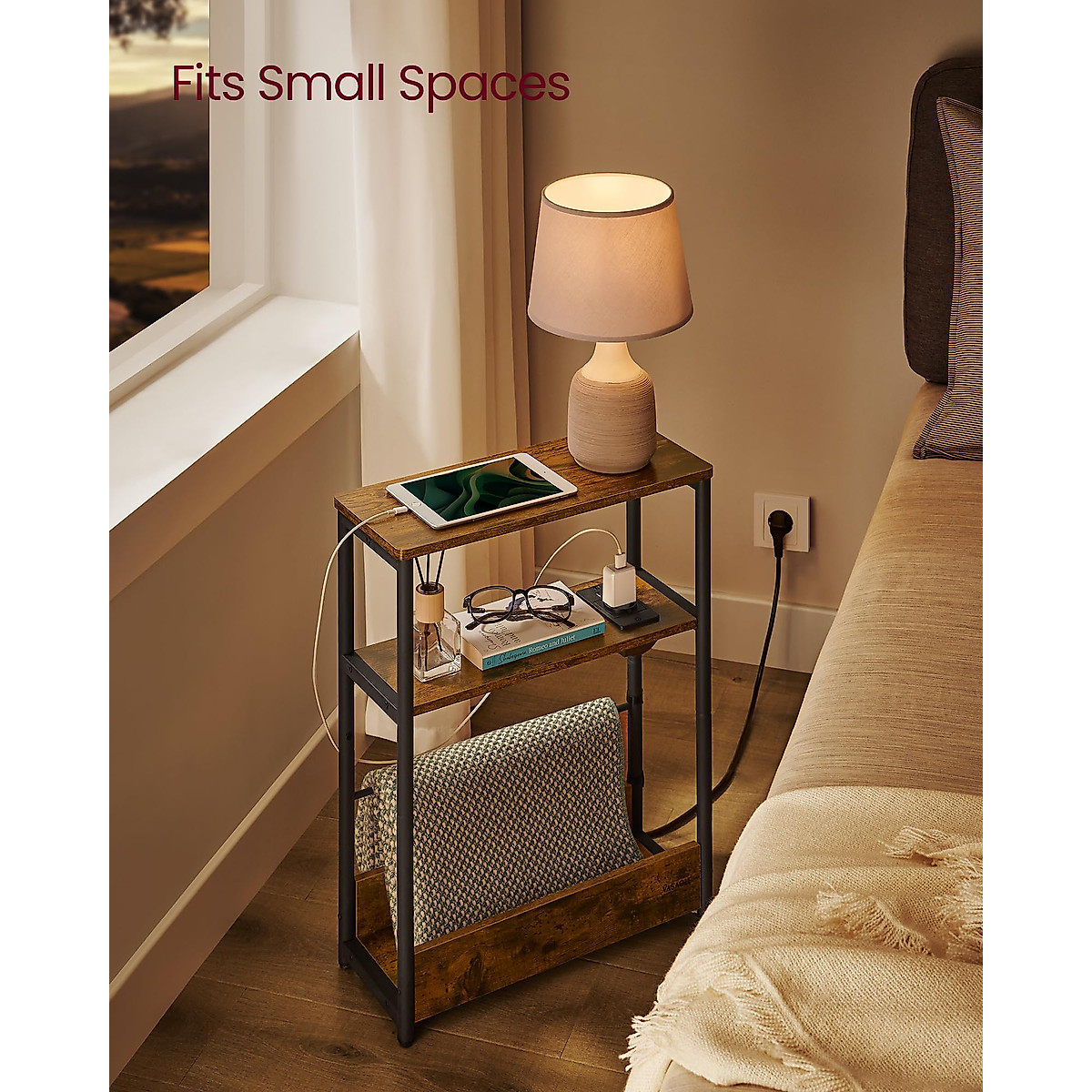VASAGLE Side Table with Charging Station, Narrow End Table, 3-Tier Nightstand, Sofa Table for Small Spaces, Magazine Rack, for Living Room, Bedroom, Study, Rustic Brown and Ink Black ULET335K01