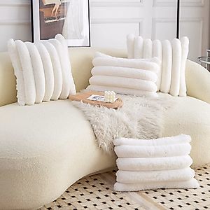 Neelvin Cream White Faux Fur Cozy Soft Striped Decorative Throw Pillow Covers 24x24 inch Set of 2,Velvet Pillowcase Cushion Case for Sofa Couch