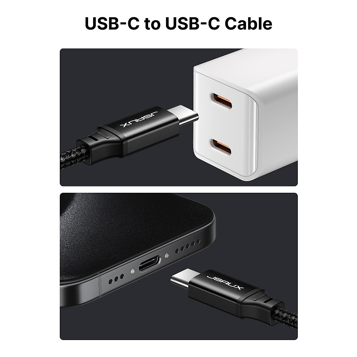 JSAUX 100W USB C to USB C Cable [2-Pack 6.6FT], Type C Fast Charging Cable Compatible with iPhone 15/15 Plus/15 Pro Max, Samsung S24/S24+/S24 Ultra/S23+/S23 Ultra, MacBook, iPad Pro Air, Pixel-Black