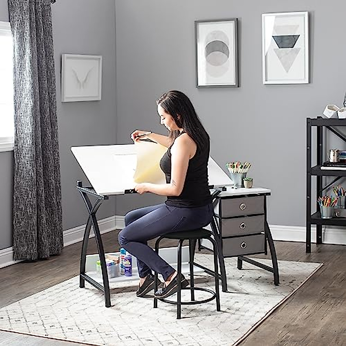 SD STUDIO DESIGNS 2 Piece Comet Center Plus, Craft Table and Matching Stool Set with Storage and Adjustable Top, Black/White, 50x23.75x29.5 inches