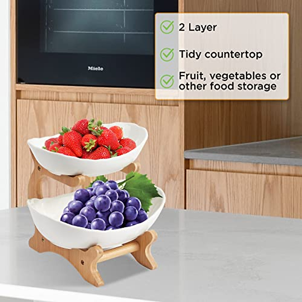 ERFEI Fruit Bowl Oval Ceramic Bowls with Wood Rack Tied Serving Tray Food Display Stand Bowl for Kitchen Counter, Home, Parties (2 tier)