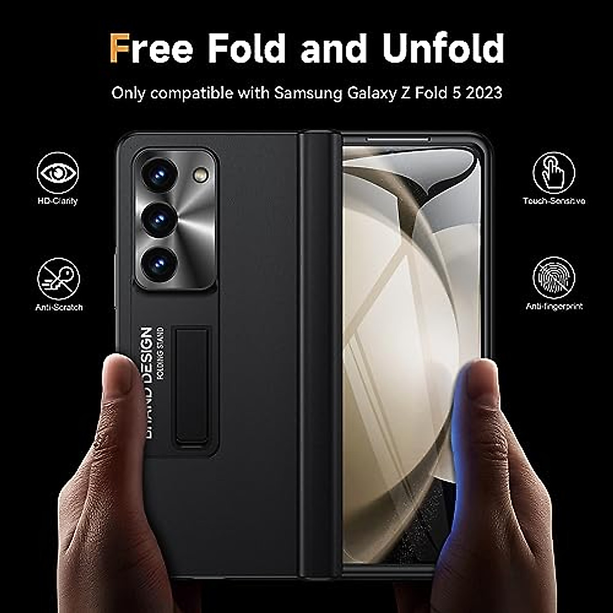 for Samsung Z-Fold-5 Case: Genuine Leather Galaxy Fold 5 Kickstand Case [Hinge Protection][Screen Protector] Skin Felling- Durable Shockproof Protective Phone Cover for Galaxy Fold 5 2023