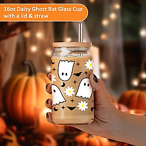 GSPY Cute Ghost Cups, 16oz Halloween Glass Cups with Lids and Straws, Spooky Bat Daisy Iced Coffee Tumbler, Fall Coffee Mug - Boo Basket Stuffers, Halloween Gifts for Women, Adults, Girls, Her