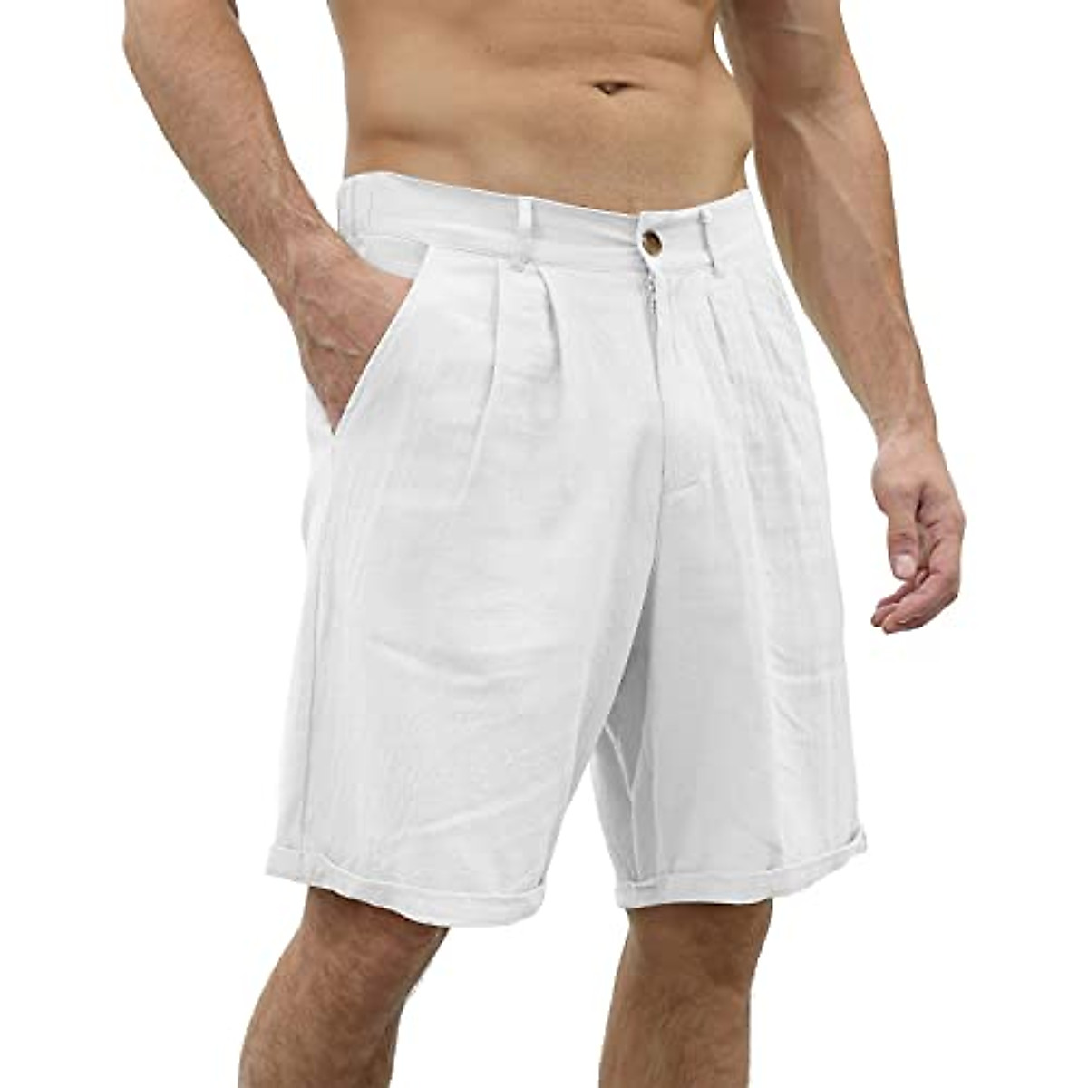 Mens Shorts with Elastic Waistband White Linen Pants Men 2023 Casual Buckle Zipper Summer Beach Shorts Classic-Fit Pleat Front Shorts with Pockets Long Cargo Shorts for Men Big Tall White M
