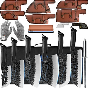 XYJ Authentic Since 1986,Vegetable Santoku Knives Set,Meat Butcher Knife With Holster,Roll Bag,Whetstone,Honing Steel,Kitchen Chef Knife,Camping Slice Knives,Full Tang,High Carbon Steel (Black)