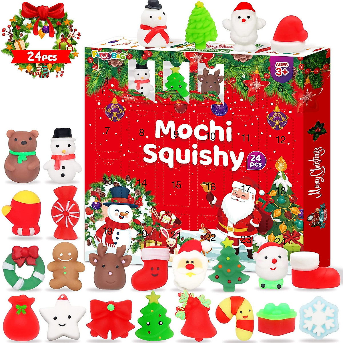 FUNNYB&G Christmas Mochi Squishy Toys: 24pcs Kawaii Xmas Stocking Stuffers Party Favor Loot Bag Fillers for Kids Boys Girls Teens Adults - 2023 Advent Calendar Stress Relief Fidget Toys