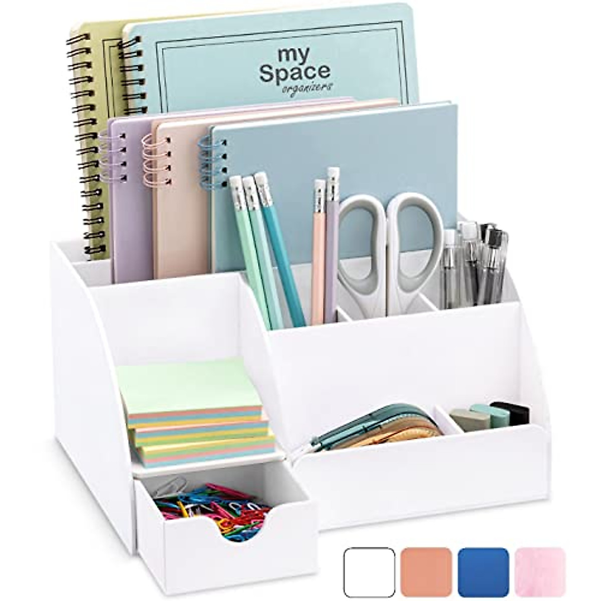 Office Desk Organizer, White Acrylic, with Drawer, 9 Compartments, All in One Office Supplies and Cool Desk Accessories Organizer, Pen Holder, Enhance Your Office Decor Desktop Organizer (White)
