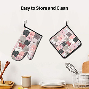 Oplp Funny Pink Cute Cats Oven Mitts and Pot Holders Heat Resistant Oven Mitts Safe for Baking Cooking BBQ
