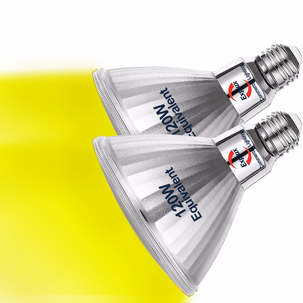 Explux Outdoor-tough Full Glass LED PAR38 Flood Yellow Light Bulbs, 120W Equivalent, Weatherproof & Anti-Ageing, Dimmable, Yellow Color Spotlight, 2-Pack