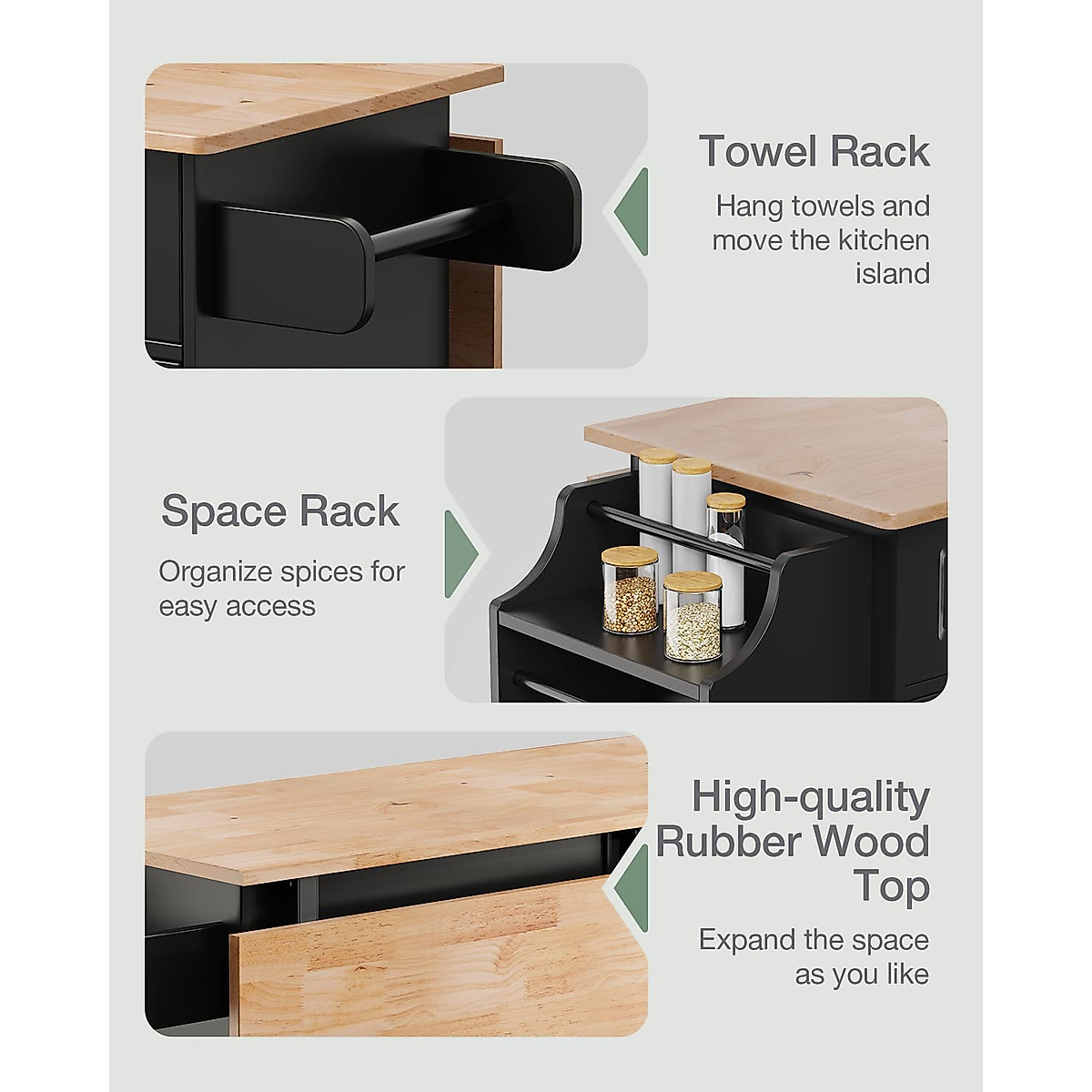 Qsun Kitchen Island with Storage, Kitchen Cart on 5 Universal Wheels, Mobile Kitchen Island with Rubber Wood Top and Side Rack (Black)