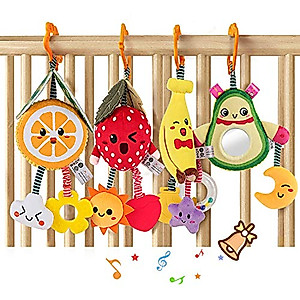 TUMAMA Baby Toys for 3 6 9 12 Months,Hanging Fruit Rattles Avocado,Banana,Orange and Strawberry,Stroller Mobile Toys,Plush Soft Rattles for Boys,Girls Christmas Gifts,4 Pack