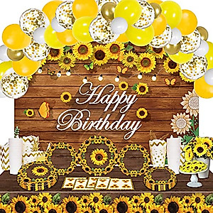 GOGOGPARTY Sunflower Birthday Party Supplies Decorations Serve 16 Guests Include Sunflower Paper Plates Napkins Tablecloth Backdrop Balloons for Sunflower Birthday Baby Shower Bridal Shower Wedding