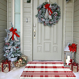 Christmas Door Mat Outdoor 27.5” x 43” Red and White Plaid Rug Christmas Decor Rug Cotton Hand-Woven Layered Door Mats Washable Carpet for Front Porch, Kitchen, Farmhouse, Entryway (27.5” x 43”)
