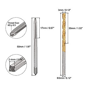 uxcell M3 x 0.5 Straight Flute Thread Tap and 3mm Twist Drill Bit Set, Metric Titanium Plated 6542 High Speed Steel Drilling Bit Machine Threading Tap