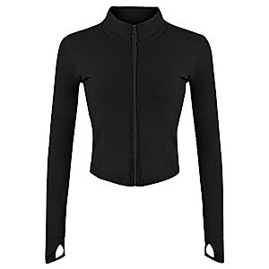Tanming Women's Full Zip Seamless Workout Jacket Running Yoga Slim Fit Track Jacket (Black-S)