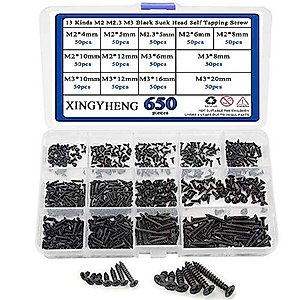 XINGYHENG 650Pcs 13 Kinds M2 M2.3 M3 Black Sunk Head Self Tapping Screw Black Oxide Stainless Flat Cross Recessed Pan Head Screw Assortment Kit