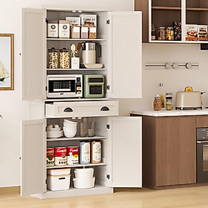 Function Home 72" Kitchen Pantry Cabinet, Tall Storage Cabinet, Freestanding Cupboard with Drawer and Adjustable Shelves, Pantry Cabinets for Kitchen Bathroom Living Room, White