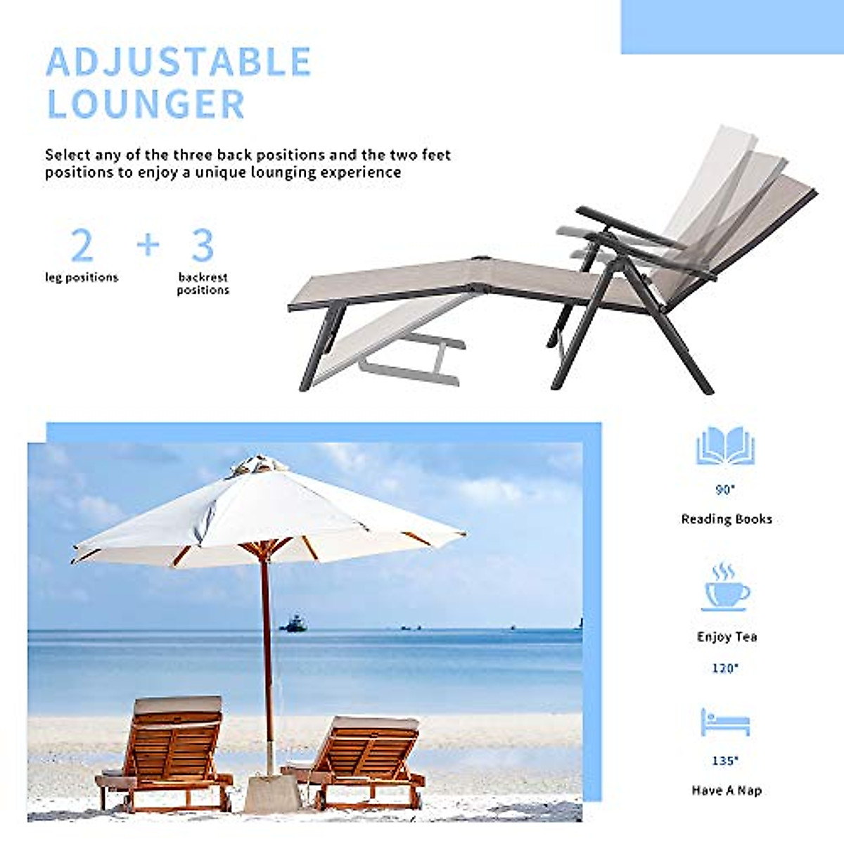 Meilocar Outdoor Lounge Chairs Set of 2, Lightweight Portable Folding Reclining Chaise Lounge Set Texilene Patio Chair Recliner with Adjustablef Backrest and Legs for Beach Yard and Poolside