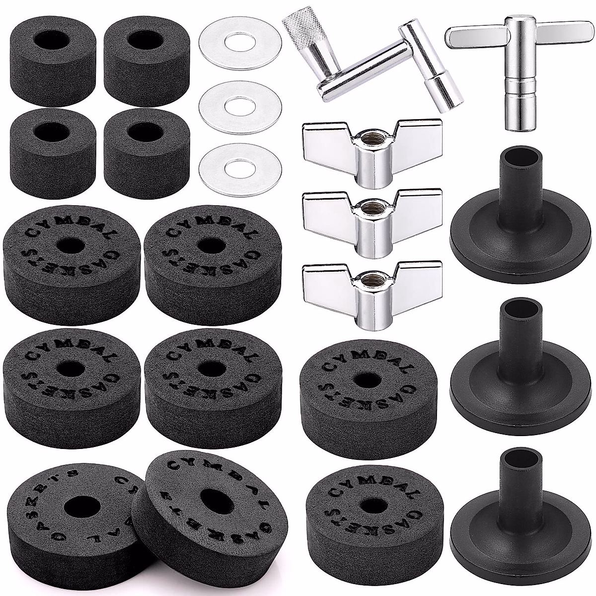 Facmogu 23PCS EVA Material Cymbal Replacement Accessories, Cymbal Stand Tubes, Drum Cymbal EVA Pads Include Wing Nuts, Washers, Cymbal Sleeves & Drum Key - Black