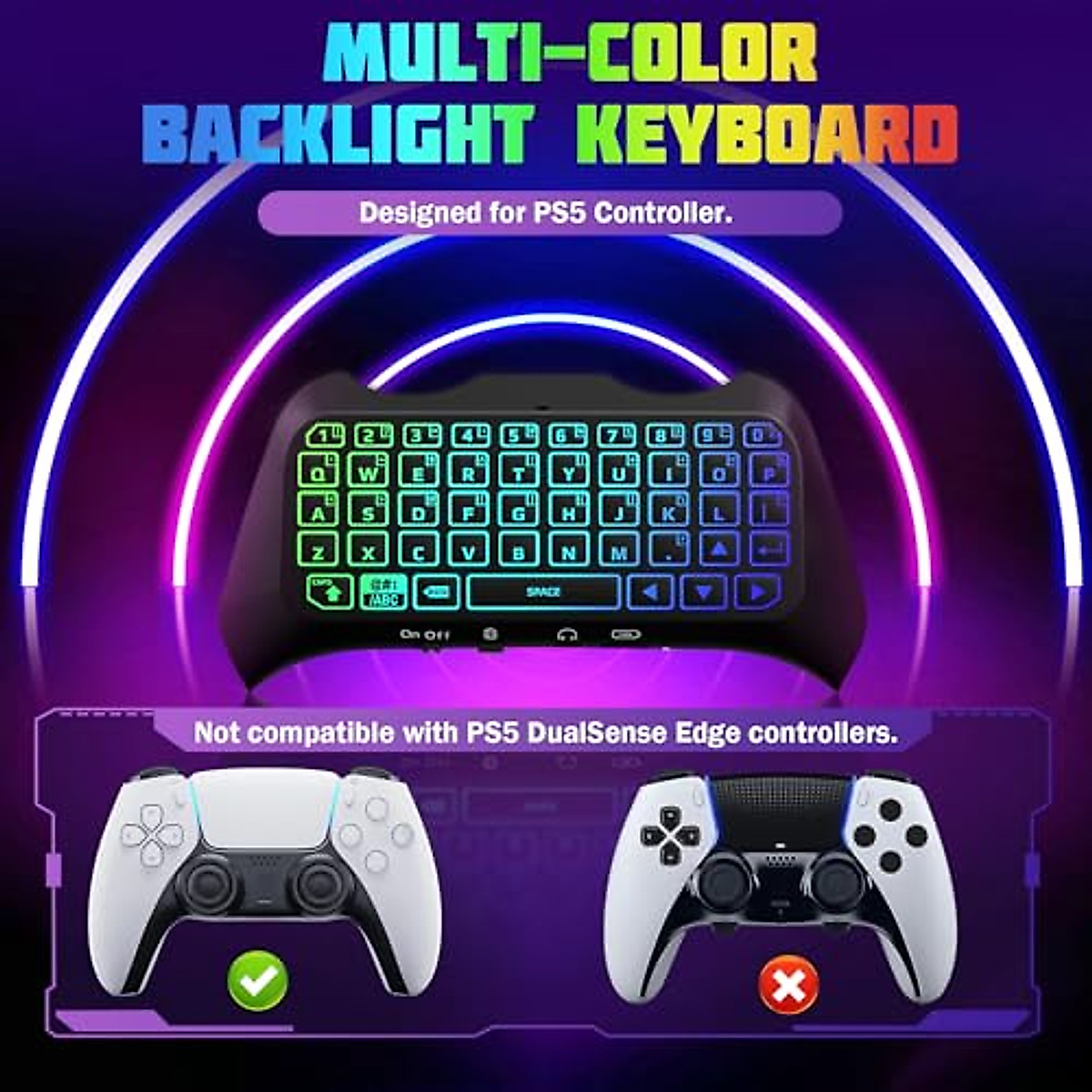 TiMOVO Multi-Color RGB Backlight Keyboard for PS5 Controller, Wireless Bluetooth Keypad Chatpad for PlayStation 5 Controller, Mini PS5 Game Keyboard Built-in Speaker with 3.5mm Audio Jack, Black