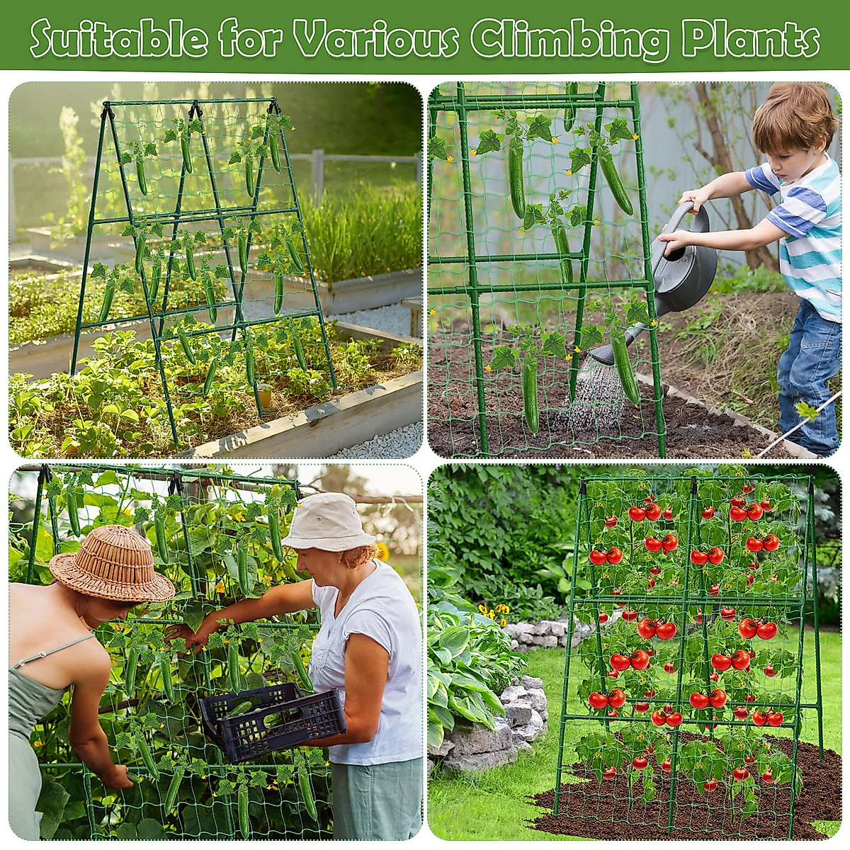 Cucumber Trellis for Raised Beds, 31 X 47 Inch Adjustable Size A-Frame Garden Trellis for Climbing Plant Outdoors with Climbing Net and Plant Support Clip for Vegetable Grape Tomato Garden Supplies