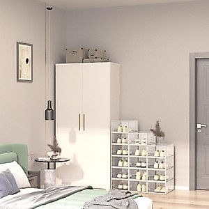 Kuject 15 Pack Shoe Storage Boxes, Large Clear Plastic Stackable Shoe Organizer for Closet, Connect Left and Right Shoe Boxes Case Container Bin for Entryway, Drop Front, Fit for Size 10(White)