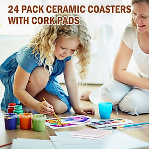 COYMOS 24 Pcs Ceramic Tiles for Crafts Ceramic Coasters for Crafts Blank White Unglazed Ceramic Tile for Painting, Alcohol Ink, Acrylic Pouring - DIY Coaster - Cork Backing Pads Included (4x4 inch)