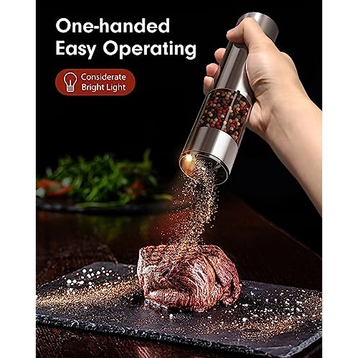 [Upgraded Larger Capacity] Electric Salt and Pepper Grinder Set Rechargeable with LED lights - Stainless Steel Automatic Pepper Grinder and Salt Grinder Refillable with 6 Adjustable Coarseness