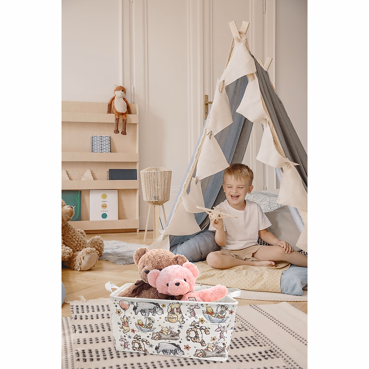 Winnie Nursery Hampers with Handles Classaic Pooh Nursery Storage Basket Foldable and Waterproof Canvas Large Organizers for Bathroom, Bedroom, Toys, Clothes, Laundry Bin