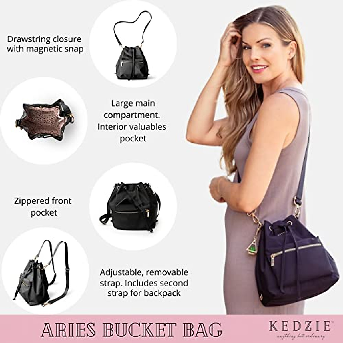 KEDZIE Aries Convertible Bucket Bag 3-Way Backpack Crossbody Strap Purse for Women - Sky Blue
