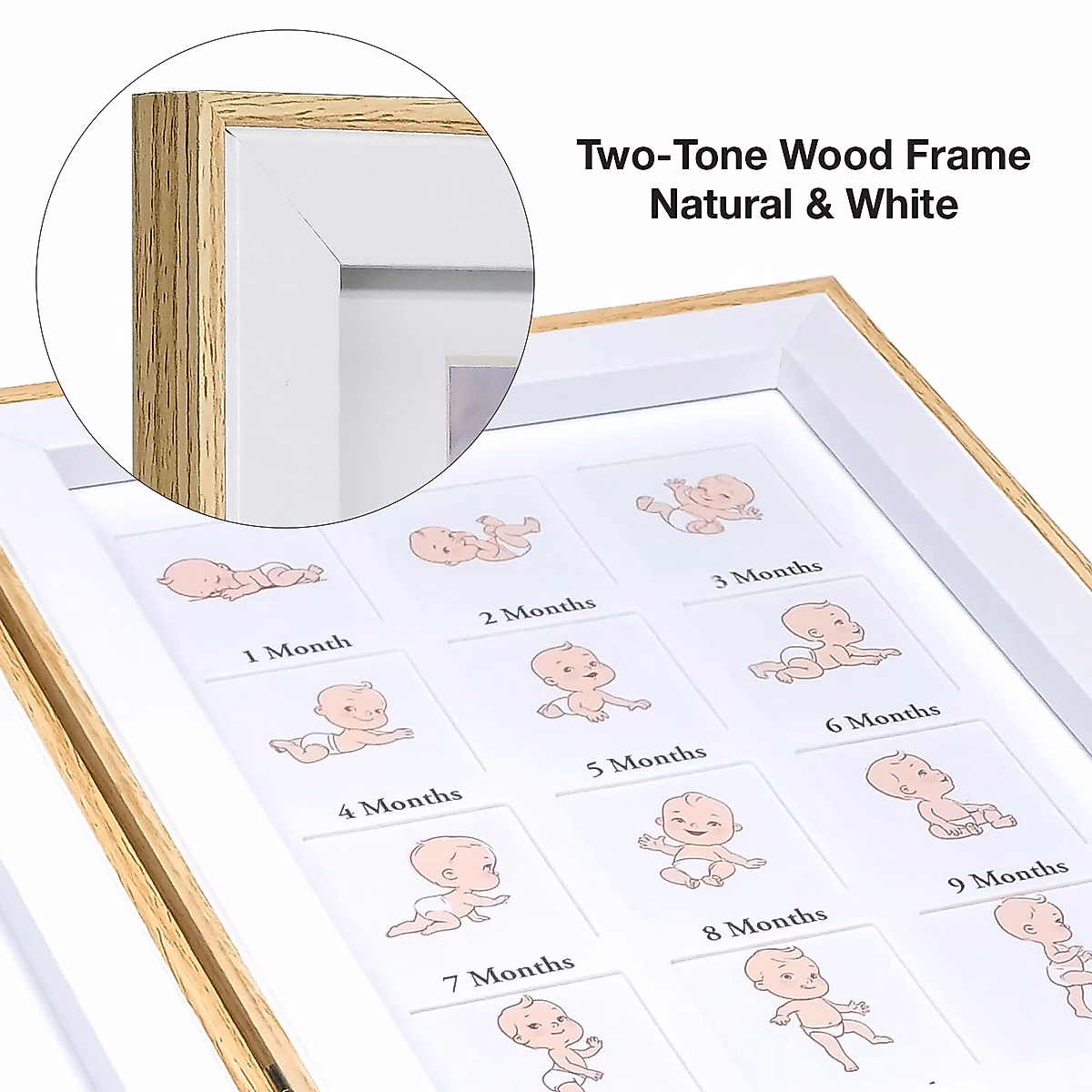 EXCELLO GLOBAL PRODUCTS Baby’s First Year Folding Picture Frame, Natural Wood Finish, Holds 1 4x6 Baby Photo, 12 Monthly Photos