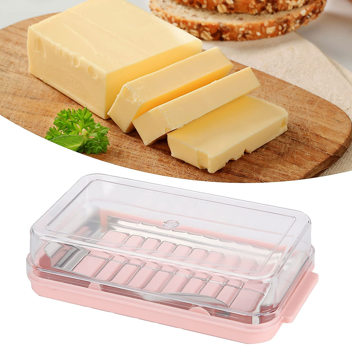 Butter Cutter Container,Cutter Style Butter Case,Stainless Steel Butter Storage Box,Cheese Storage Box with Transparent Cover, Butter Cutter Container, Kitchen Supplies for Home Kitchen(Pink)