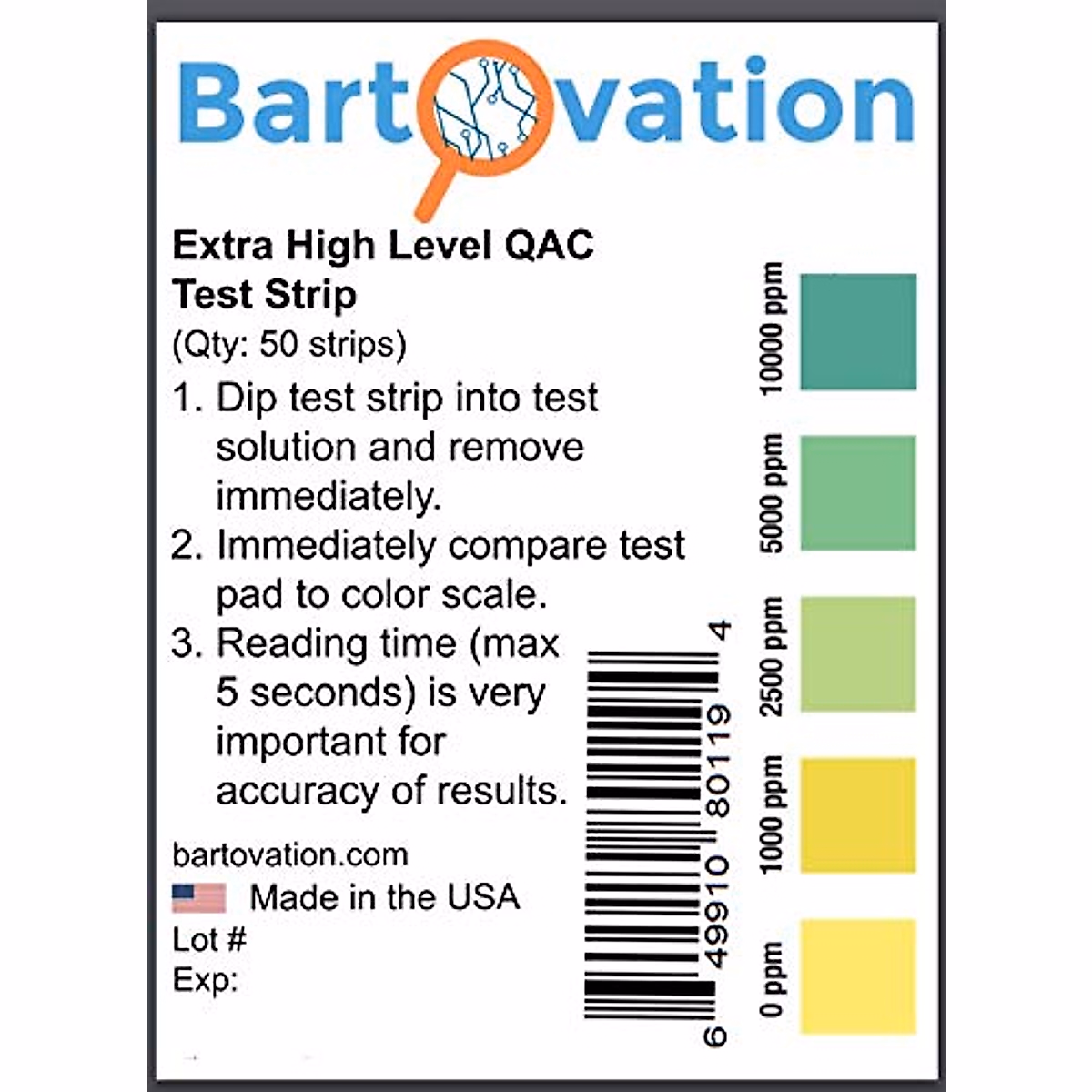 Very High Level Quaternary Ammonium (QAC, Multi Quat) Sanitizer Test Strips, 0-10,000 ppm [Vial of 50 Strips]