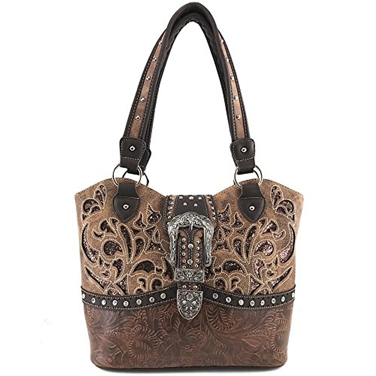 Justin West Tooled Floral Embroidery Buckle Studded Concealed Carry Tote Purse (Coffee Purse Wallet Set)